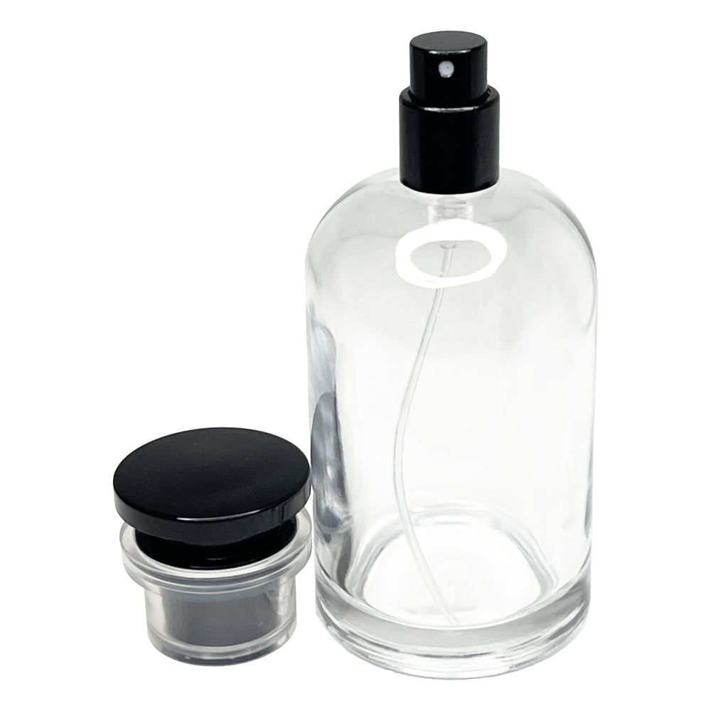 100ml 3.4oz Boston Round Spray Bottles Clear Black Lid